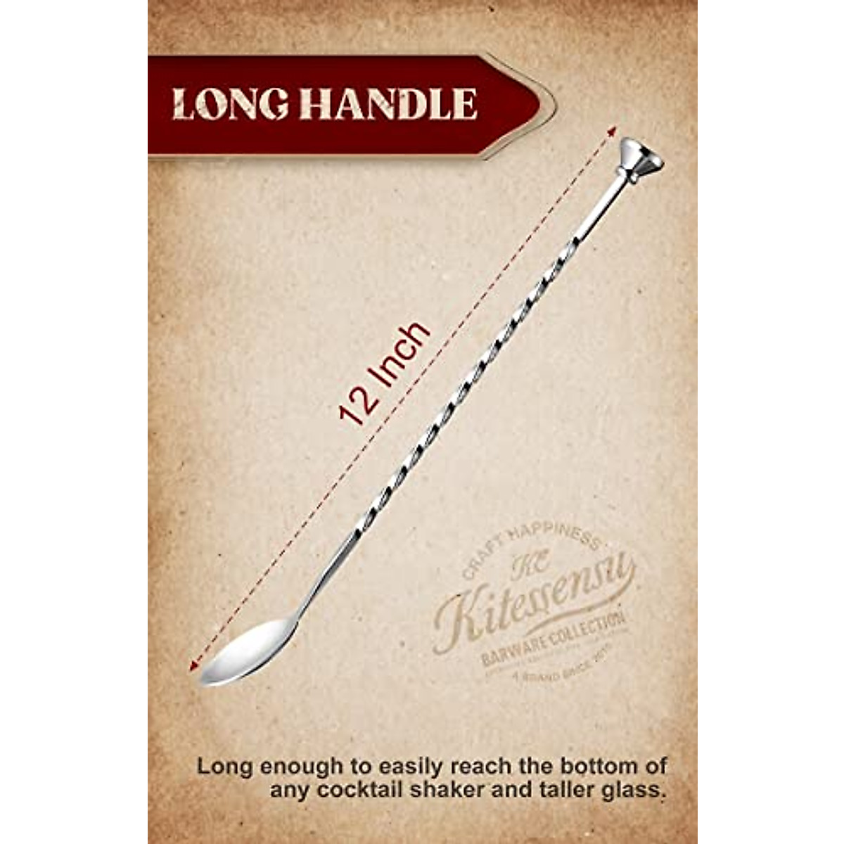 KITESSENSU Bar Spoon, 12 Inches Stainless Steel Cocktail Mixing Spoon With Muddler, Bartender Bar Stirring spoon for Layering, Stirring, Crushed Ice, Spiral Pattern