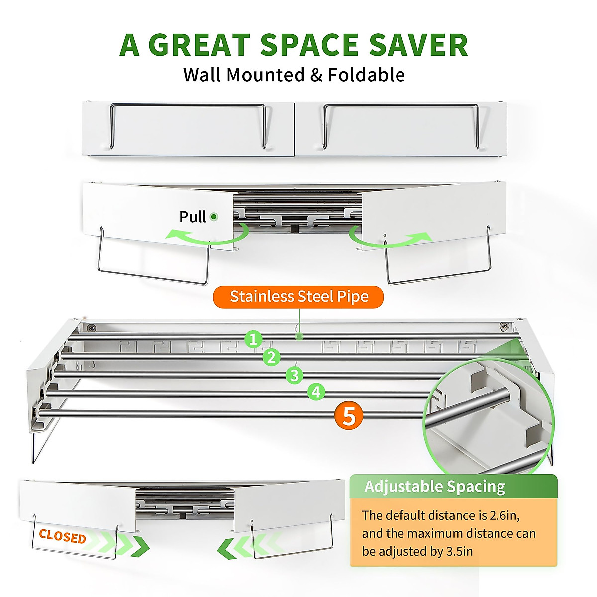 Heshecein Clothes Drying Rack for Laundry,Wall Mounted Collapsible Laundry Drying Rack,5 Stainless Steel Rods,Folding Indoor/Outdoor Drying Rack Clothing,Towel Drying Rack,White,31.5" Wide