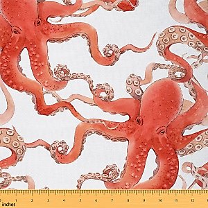 Octopus Decorative Fabric by The Yard Red Orange Marine Life Indoor Outdoor Upholstery Fabric Wild Ocean Animal Fabric for Quilting Sewing Arts DIY Craft,1 Yard