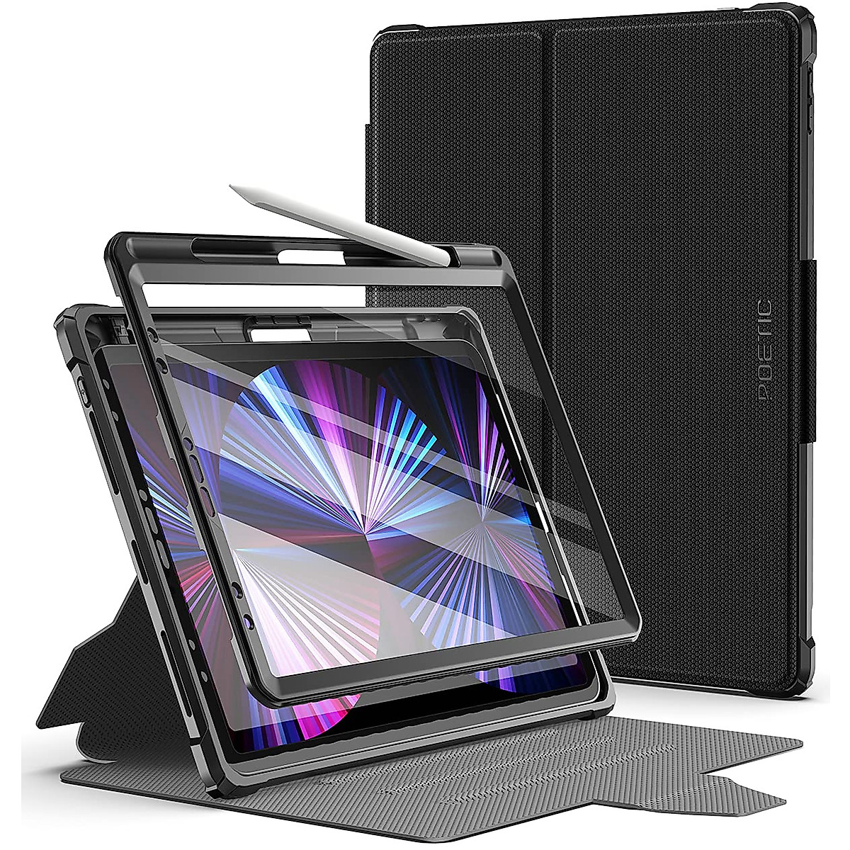 Poetic Explorer Case Designed for iPad Pro 11 Inch 4th Gen 2022/3rd Gen 2021/2nd Gen 2020/1st Gen 2018, Three Layers Tough Stand Cover Case with Built-in Screen Protector and Pencil Holder, Black