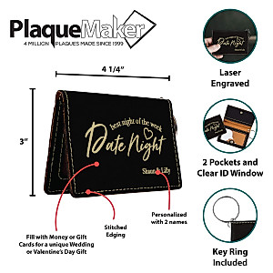 PlaqueMaker Customizable Leatherette Wallet for Date Night - Include your Personal Names-Black with Gold