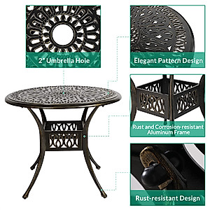 VIVIJASON 3-Piece Patio Bistro Sets, All-Weather Cast Aluminum Bistro Table Set Outdoor Patio Furniture, Include 2 Cushioned Chairs and 35.4" Round Table, 2" Umbrella Hole, Navy Blue Cushion