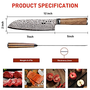 Santoku Knife Damascus 7-inch, Kitchen Utility Knife 5 inch Damascus Knife 67-Layer Damascus VG10 Steel Ultra Sharp Professional Kitchen Knife with Hexagon Natural Wood Handle, Gift Box