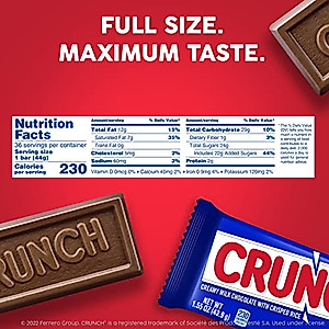 CRUNCH Milk Chocolate and Crisped Rice, Full Size Individually Wrapped Candy Bars, Easter Basket Stuffers, 1.55 oz each
