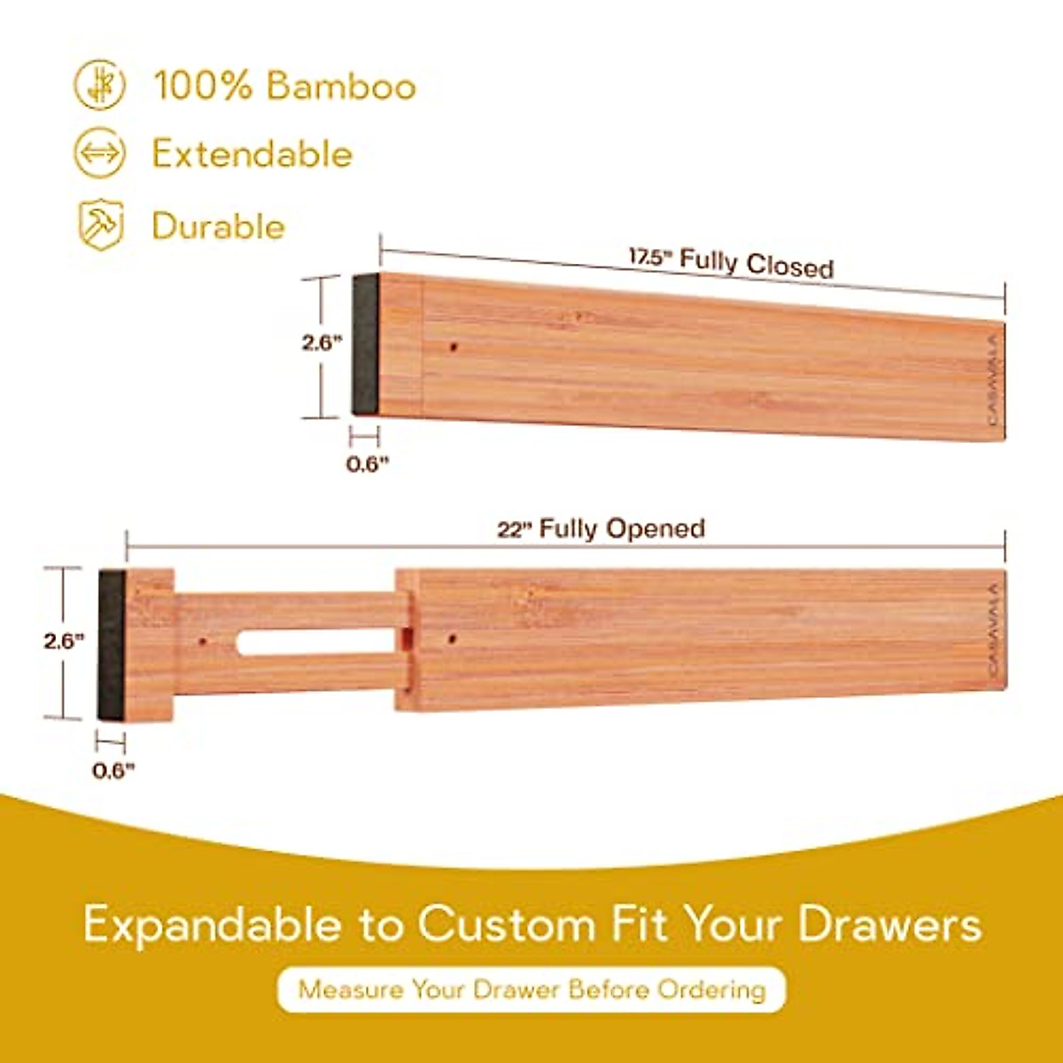 Casavala Expandable Drawer Organizer (6 Pack) Expandable Bamboo Drawer Dividers for Kitchen, Bathroom, Dressers, Home & Office, Bamboo Drawer Dividers Set of 6