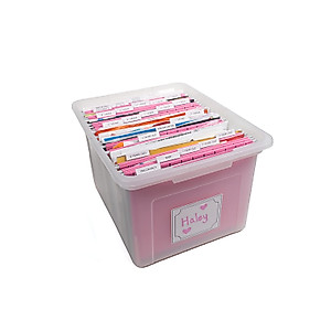 Kid's Craft Memory Keepsake Organizer Box - Clear Storage Latching Bin with Hanging File Folders and Custom Tab Inserts (Pink)