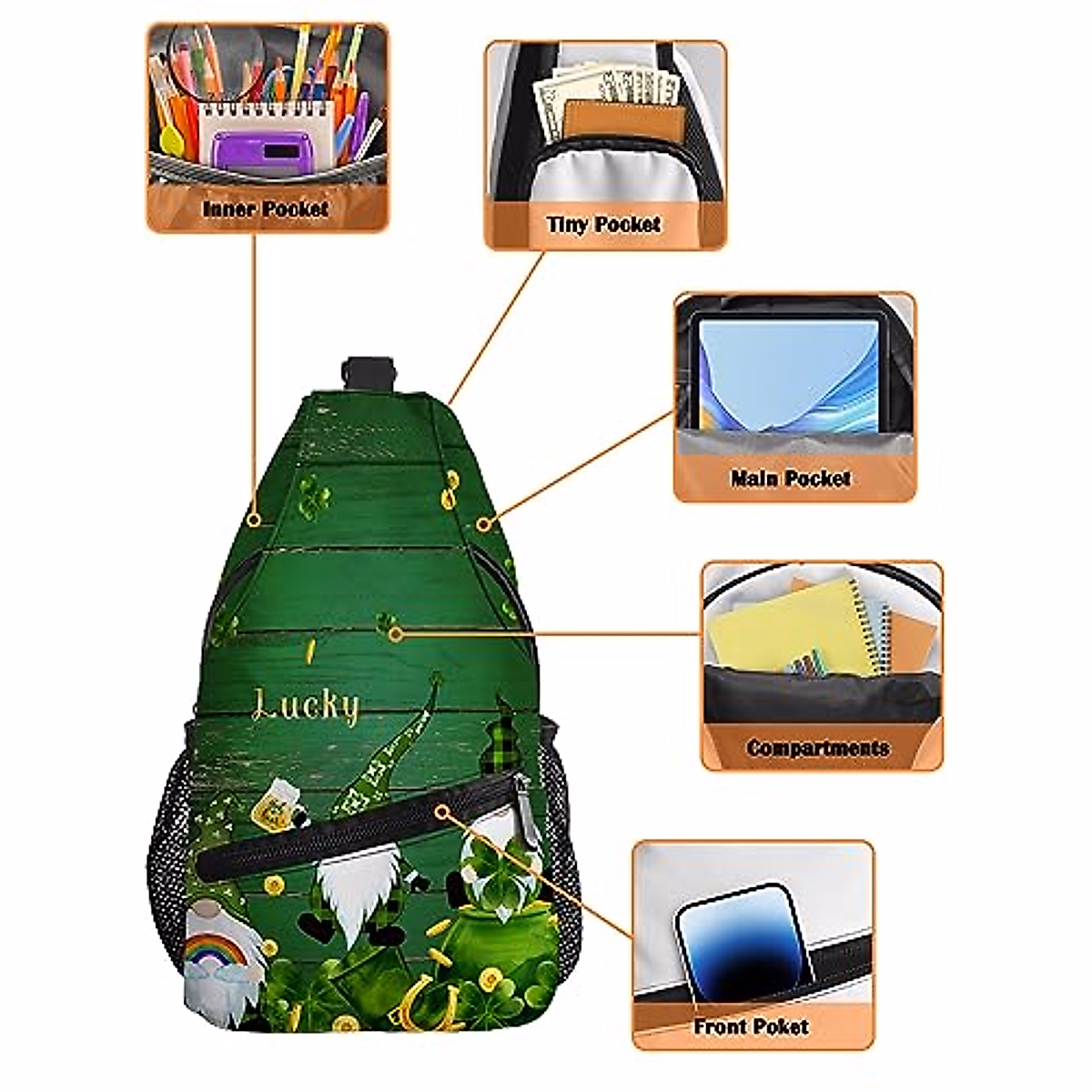 Sling Backpack, St.Patrick's Day Shamrocks Gnome Green Wood Grain Waterproof Lightweight Small Sling Bag, Travel Chest Bag Crossbody Shoulder Bag Hiking Daypack for Women Men