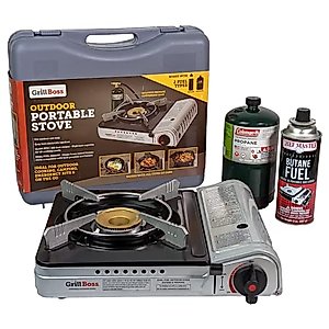 Grill Boss 90057 Dual Fuel Camp Stove | Works with both Butane and Propane | Perfect for Camping & Hiking | Emergency Cooking Stove | Single Burner 12k BTU Output