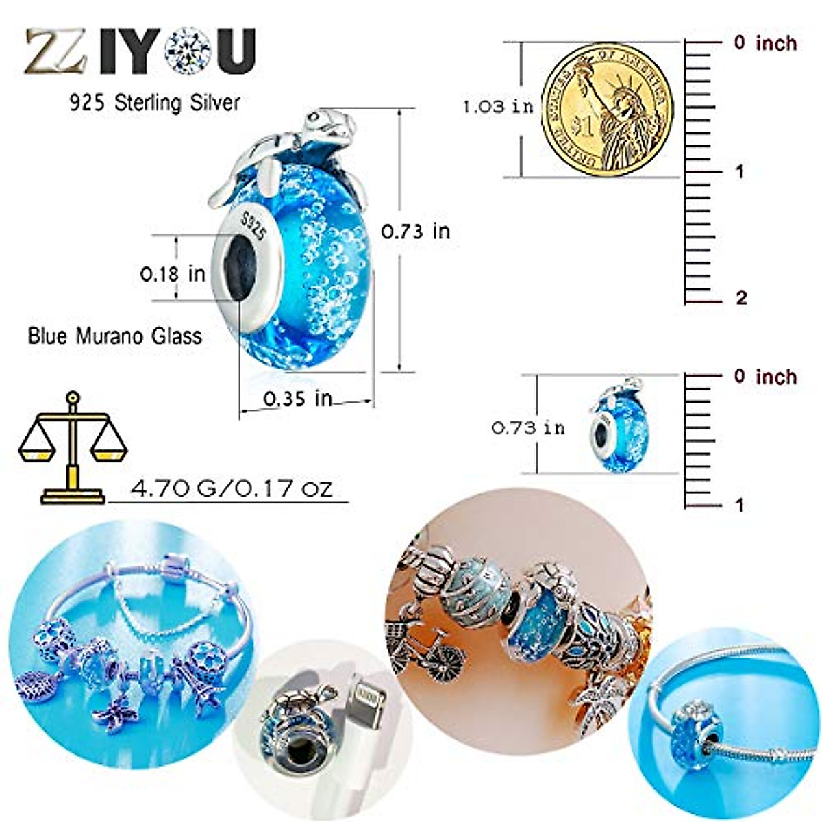 Sea Turtle Charms, on a Blue Bubble Murano Glass Beads, Fit Pandora Ocean Bracelets-925 Sterling Silver Tropical Marine Life Charm Hawaii Vacation Summer Travel