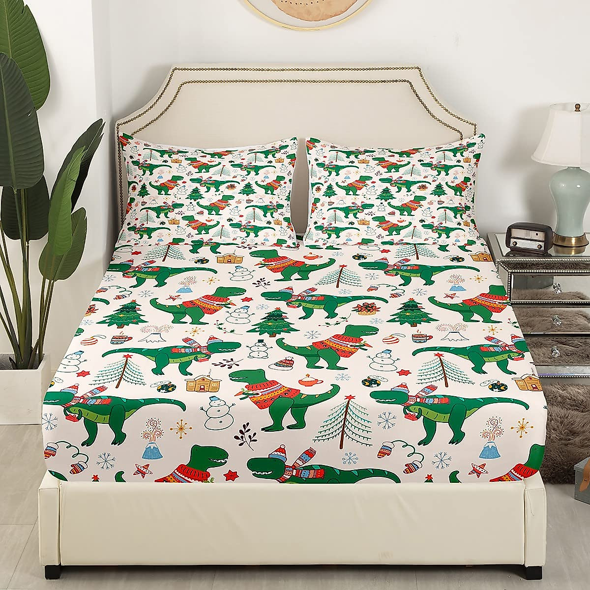 Christmas Sheet Set for Kids Boys Girls Cartoon Dinosaur Christmas Tree Sheets with Deep Pocket Fitted Sheet Snowman New Year Bed Sheets Set Bedroom Decor Xmas Theme Bedding Set Full Size 4Pcs