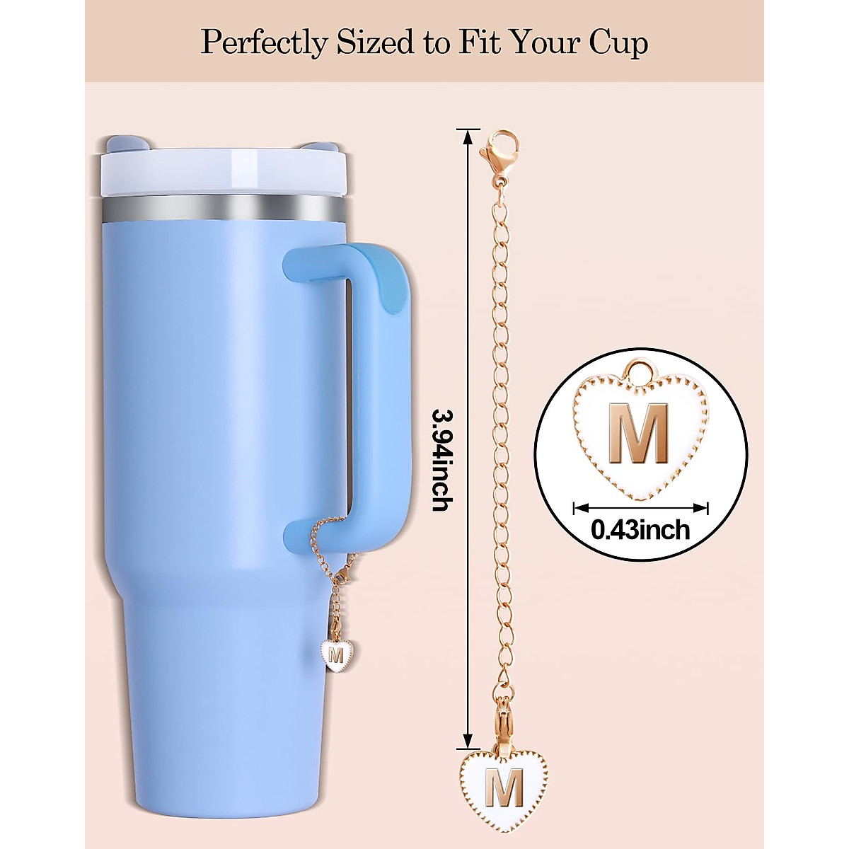OriJoy Letter Charm Accessories for Stanley Cup, Name ID Letter Handle Charm For Stanley/Simple Modern Tumbler, Heart Shape Initial Identification Charms（M）