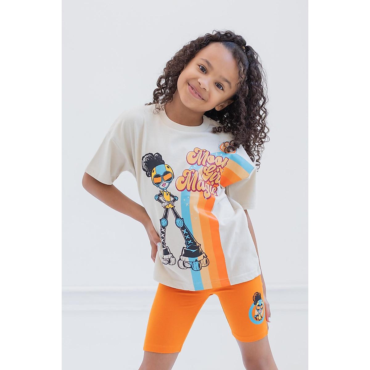 Marvel Moon Girl and Devil Dinosaur Big Girls Oversized Drop Shoulder T-Shirt & Bike Shorts Outfit Khaki/Orange 10-12