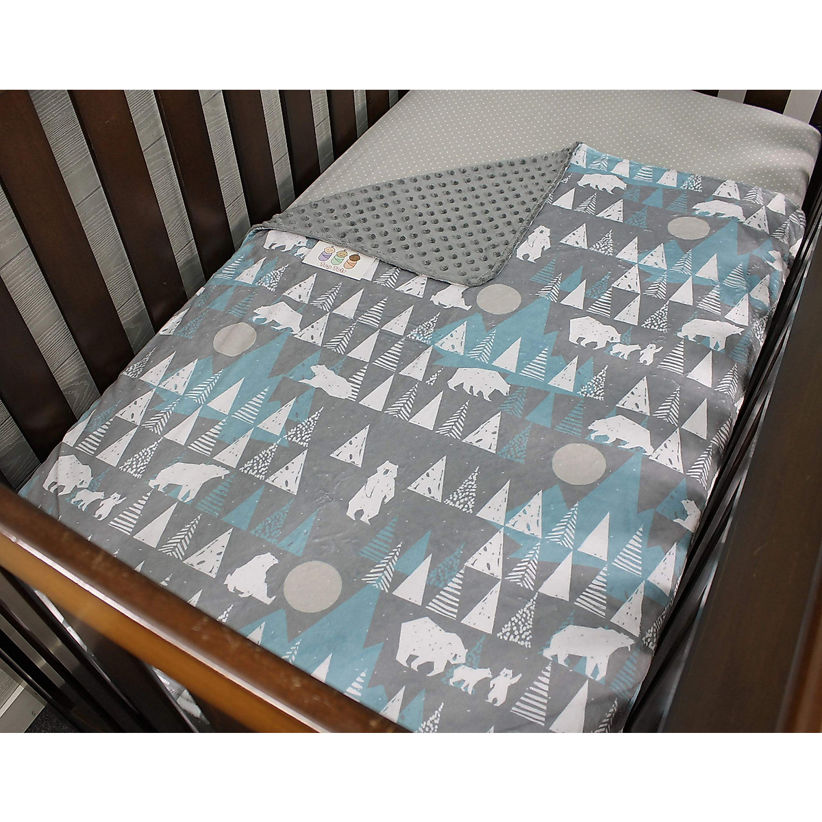 Top Tots Deluxe Baby Blanket - White Bear and Trees, Minky Dot, Grey
