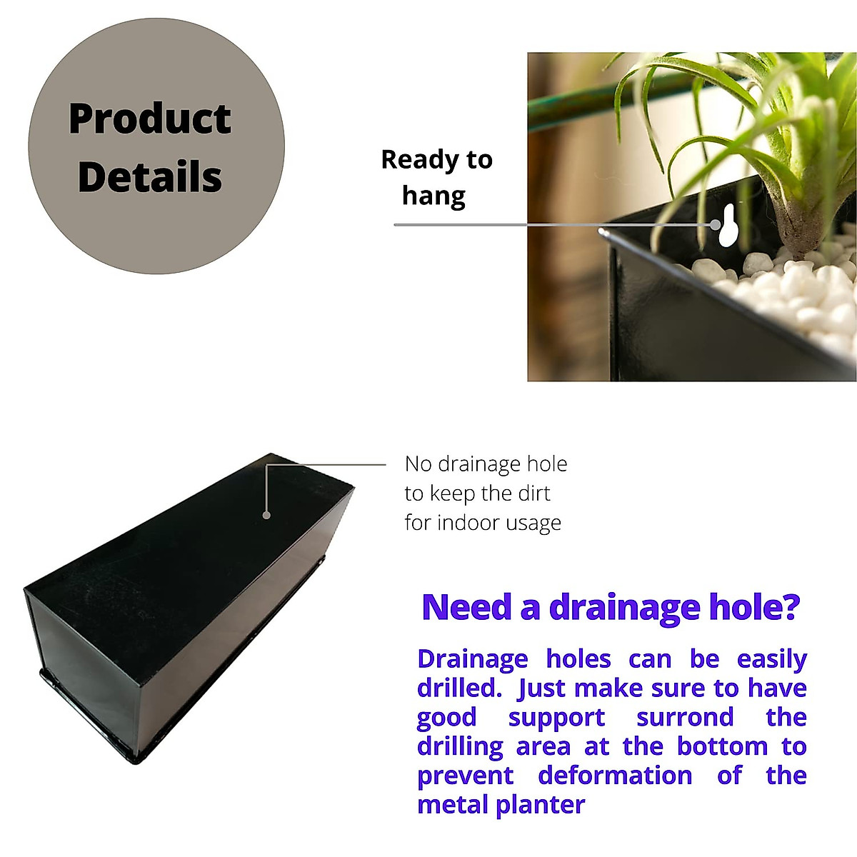 LaLaGreen Wall Planter (3 Pack, 12 Inch) Large Wall Mount Succulent Planters Black, Wall Hanging Rectangular Metal Flower Pot Window Planter Box Fence Railing Minimalist Floating Shelve Indoor Outdoor