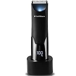 SoftKare Groin Hair Trimmer for Men - Safe Ball Shaver, Replaceable Ceramic Blade Heads & Charging Base, Electric Body Groomer with Light & Power Display, Waterproof Wet/Dry Use Male Razor