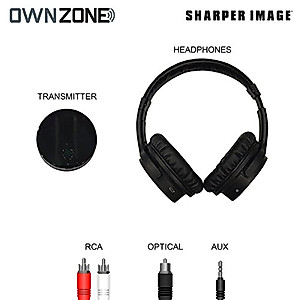 Sharper Image OWN ZONE Wireless Rechargeable TV Headphones- RF Connection, 2.4 GHz, Transmits Wirelessly up to 100ft, No Bluetooth Required, AUX, RCA, & Optical Cable Included (Black)