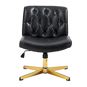 HomVent Armless Office Desk Chair No Wheels, PU Leather Tufted Padded Cute Desk Chair, Modern Ergonomic Computer Desk Chair w/Gold Cross Base,Adjustable Swivel Desk Chair for Makeup Vanity Study Black