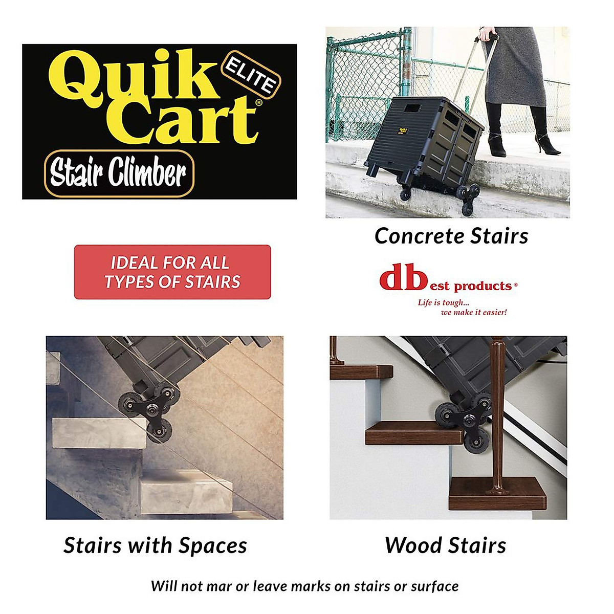 dbest products Quik Cart Elite Stair Climber Wheeled Rolling Crate Teacher Utility With seat Heavy Duty Collapsible Basket With Handle, Black