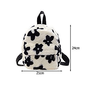 NYASAY Women Faux Plush Tote Bag Backpack, Preppy Style Flowers Printing Casual Knapsack Mini Rucksacks, Black and White, 240x210x10 mm