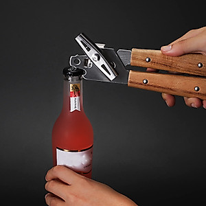 AmJoylst Stainless Steel Can Opener Manual Kitchen Acacia Wooden Handle With Hang Hole Durable (Can opener)