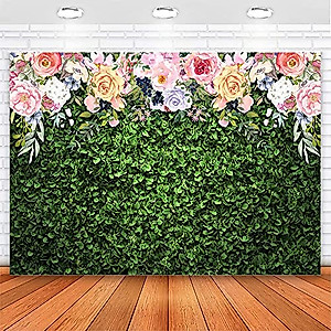 Avezano 7x5ft Flower Grass Photography Backdrop Green Spring Grass Lawn Party Background Vinyl Floral Grass Birthday Baby Shower Miss to Mrs Wedding Bridal Shower Backdrops Cake Table Decorations