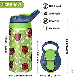 ALAZA Ladybug Kids Water Bottles with Lids Straw Insulated Stainless Steel Water Bottles Double Walled Leakproof Tumbler Travel Cup for Girls Boys Toddlers 12 oz,Green