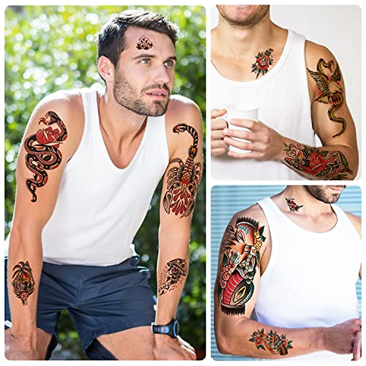 77 sheets Classic Temporary Tattoos Old School Tattoos Stickers, Sailor Jerry Style Vintage Design Fake Tattoo, American Traditional Flower Rose Arm Temporary Tattoos for Women Men Adults Kids