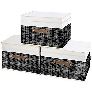 TYEERS Collapsible Storage Bins with Lids, Patchwork Design, Washable, Fabric Decorative Storage Boxes for Organizing, 14.9x9.8x9.8 inches, 3 Pack, Black