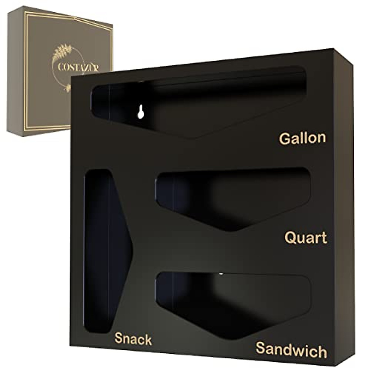 COSTAZUR Ziplock Bag Storage Organizer- Acrylic Black - Bag Organizer for Snack, Sandwich, Quart & Gallon Size - Fits in Kitchen Drawer, Cabinet or Wall Mount with Hardware - Housewarming Gift