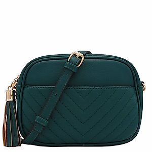 FashionPuzzle Chevron Quilted Crossbody Camera Bag with Chain Strap and Tassel (Dark Teal) One Size