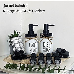 Onsogi Regular Mouth Plastic Mason Jar Soap Dispenser Pumps and Lids- Rust-Proof Mason Jar Accessories Rustic Farmhouse Kitchen Counter Top Bathroom Decor and Organization - 6 Pack