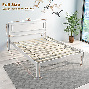 KOMFOTT Full Size Wood Platform Bed Frame with Headboard, Mid-Century Bed Frame with Wooden Slats Support & Under Bed Storage Space, No Box Spring Required Mattress Foundation (White)