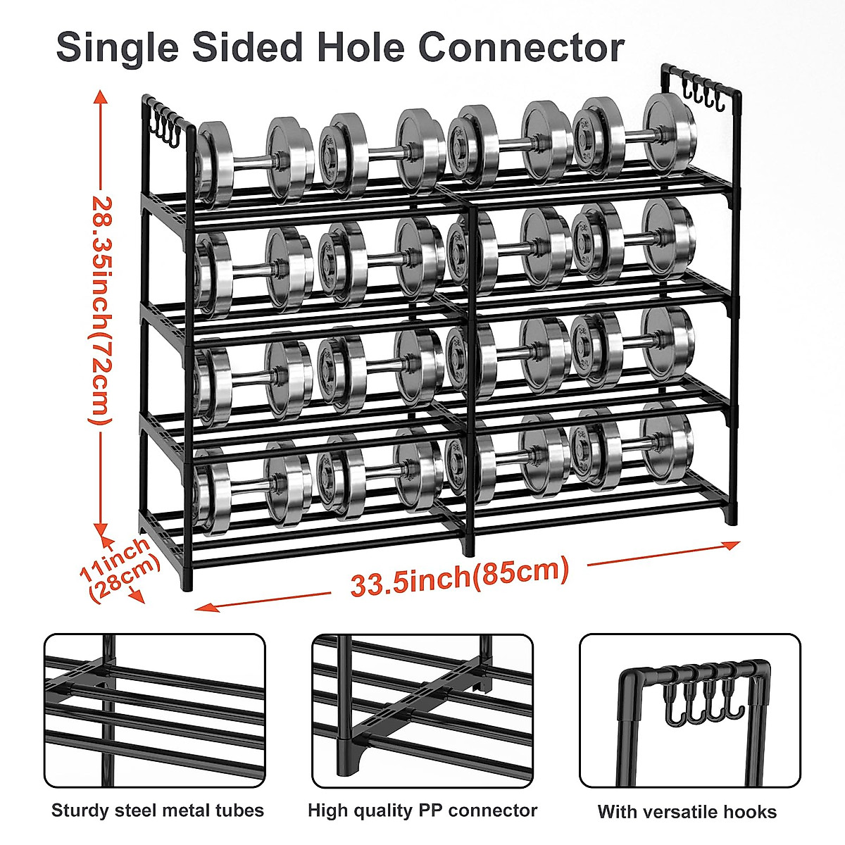DYJIEKAI 2 Rows 4 Tier Shoe Rack, Black Metal Shoe Racks, Stackable Shoe Shelf with Multifunctional Hooks, Hold 16-20 Pairs, Space Saving Shoe Rack, Shoe Rack for Closet,Shoe Organizer