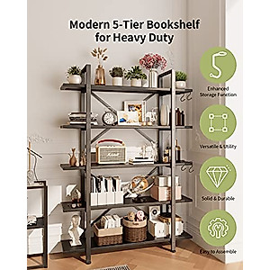 Gizoon 5 Tier Bookshelves for Storage, Industrial Tall Wood Bookshelf with 4 Hooks, Metal Frame Display Shelves for Bedroom, Living Room, Kitchen, Black