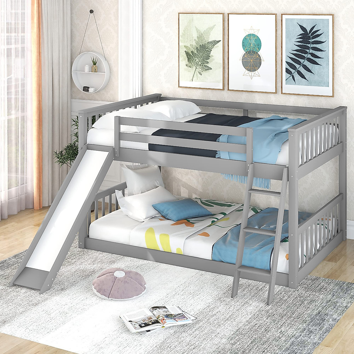 Acosure Full Over Full Bunk Bed with Convertible Slide and Ladder,Bedroom Wood Low Bed Frame W/Slats Support,No Box Spring Required,for Kids Teens Girls Boys,Gray