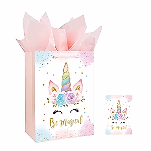 13" Large Unicorn Gift Bag for Birthday Baby Shower Baby Girl Gift Bag with Card and Tissue Papers Watercolor Design