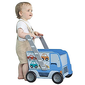 labebe Baby Wooden Learning Walker, 2-in-1 Toddler Push & Pull Toys Stroller Pushing Walker, Infant Sit to Stand Wood Walker Wagon, Transfer Cart Toy for Girls & Boys 1-3 Years Old Kids, Blue