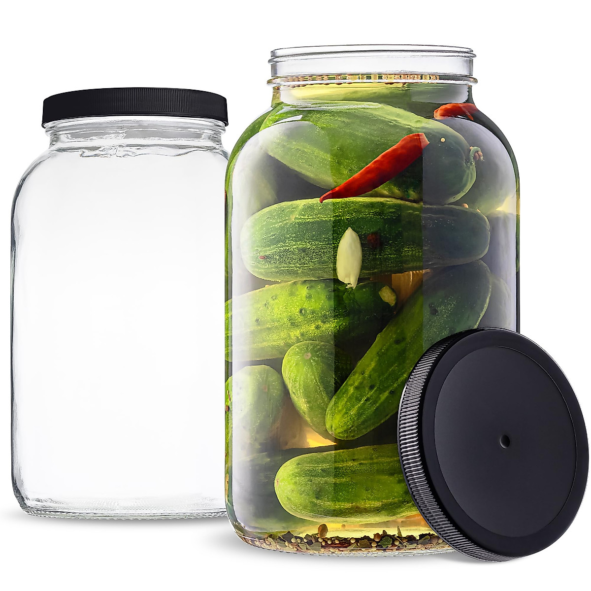 2 Pack - 1 Gallon Mason Jar - Glass Jar Wide Mouth with Plastic Lid - Container for Storing Dry Foods, Spices, Pasta, Legumes and Pet Food - Airtight Kitchen Storage (Black Cap)