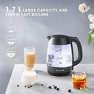 iSiLER 1500W Electric Kettle, 1.7 L Electric Tea Kettle with LED Indicator, Cordless Electric Glass Hot Water Boiler, Portable Teapot Heater Auto Shut-Off & Boil-Dry Protection BPA-Free Black
