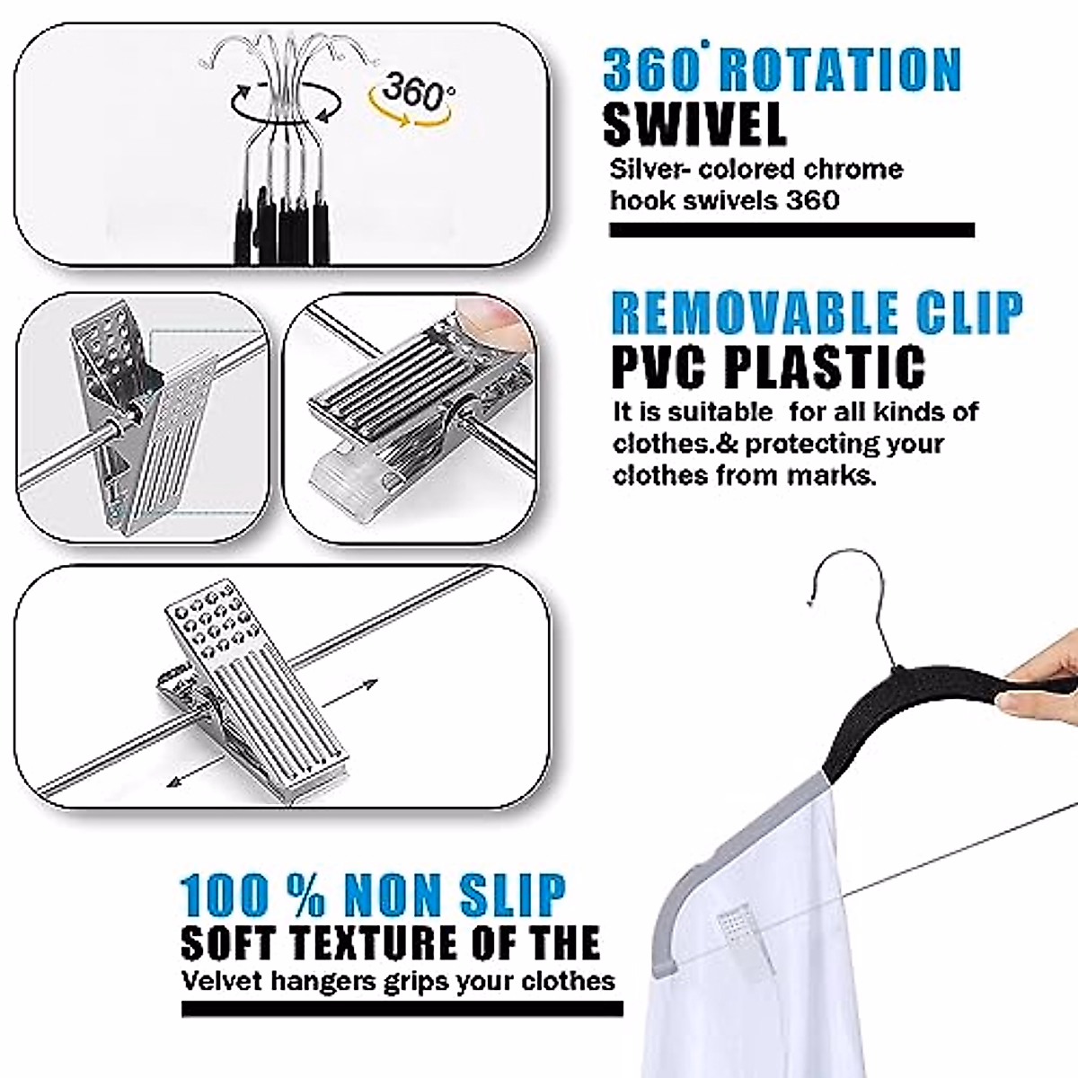 GVTECH Velvet Hangers with Clips, [24 Pack] Metal Clip Hangers for Pants - Notched Velvet Skirt Hangers for Pants, Skirts, Suit, Dresses & Shirts 360° Swivel Hook - Non Slip Felt Hangers (Black)