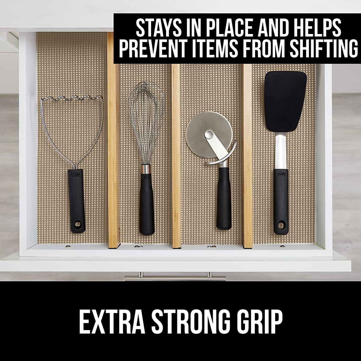 Gorilla Grip Drawer Liner and Smooth Drawer Liner, Shelf Liner Size 17.5x10, Bathroom Storage Shelves, Smooth Liner Size 17.5x20, Non Adhesive, Both in Beige, 2 Item Bundle