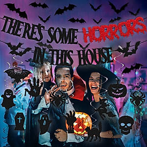 44 PCS Halloween Party Decorations There's Some Horrors In This House Banner 3D Bats Wall Decor Horrible Ghost Pumpkin Witch Spider Tumbstone Cat Hand Theme Hainging Swirl for Girl Boy Party Supplies