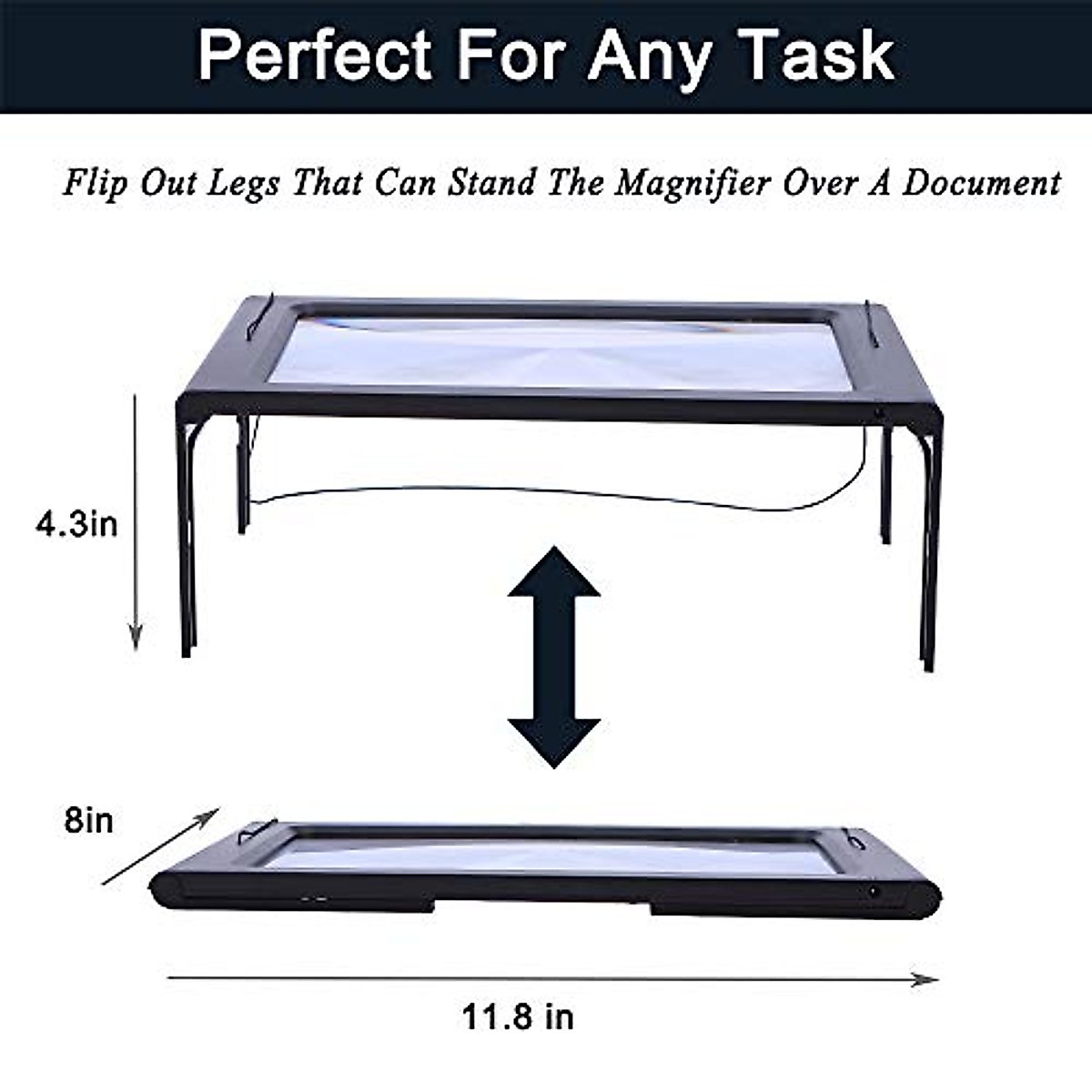 Hands-Free Magnifying Glass Large Full-Page Rectangular 3X Magnifier LED Lighted Illuminated Foldable Desktop Portable for Elder