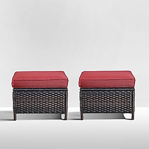 Outdoor Ottoman Set of 2 - PE Wicker Rattan Ottoman Patio Footstool for Deck Porch Balcony Garden - Brown/Red