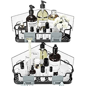 Orimade Corner Shower Caddy Organizer Basket with Hooks Adhesive No Drilling Wall Mount Bathroom Shelf Shampoo Holder Storage Rack Rustproof, 2 Pack-Black, Only for 90-Degree Corner