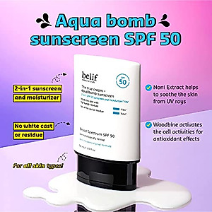 belif Aqua Bomb Sunscreen Broad Spectrum SPF 50 | Lightweight 2-in-1 Moisturizing Sunscreen | Skin Hydrating with UV Rays Blocking | Moisture Barrier Replenishment, Clean Finish | 1.69 fl. Oz