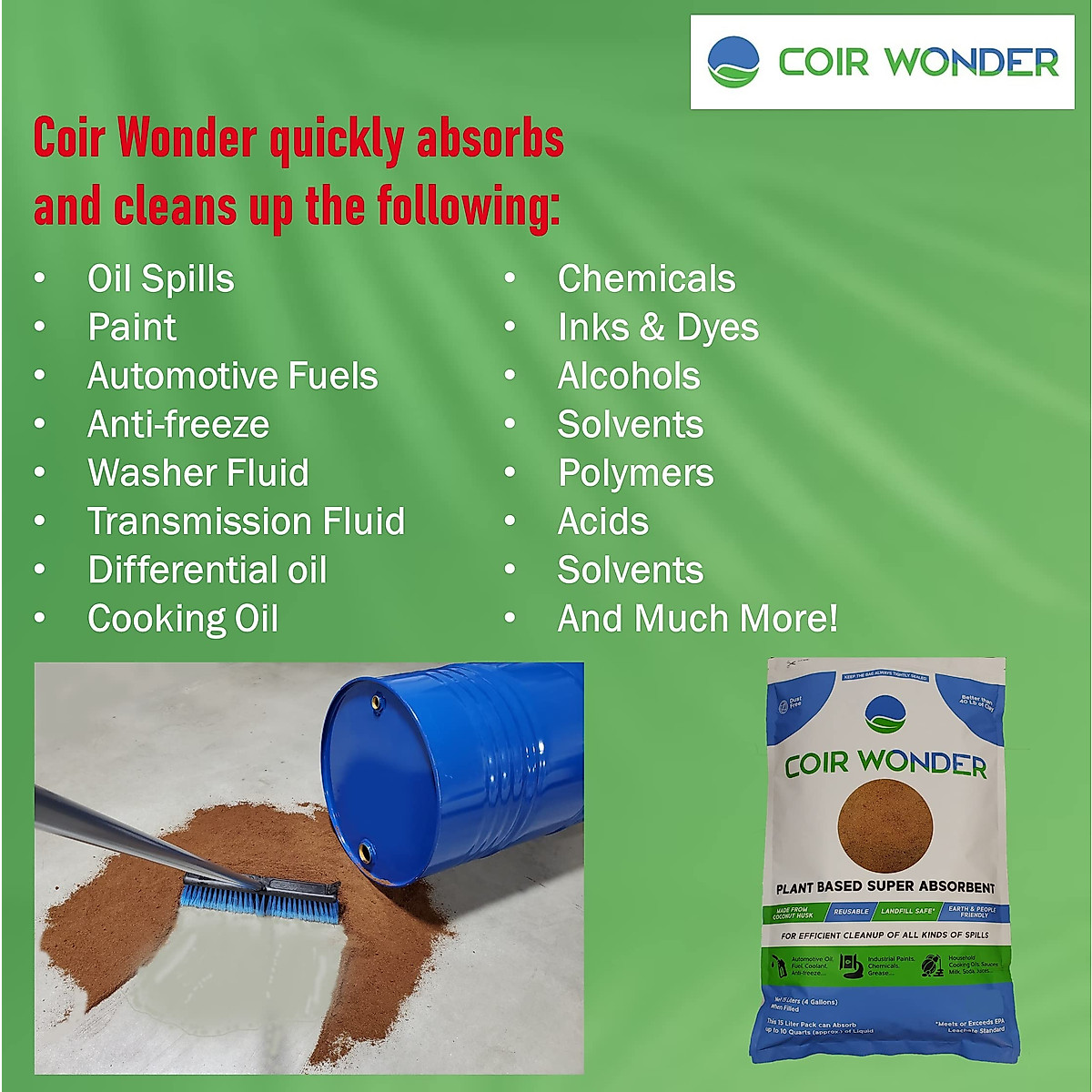 Coir Wonder 3-in-1 Oil Absorbent, Paint Hardener & Sweeping Compound – 9 Liter (9.5 Quart) – for Oil, Biohazard, Spill Kit – Granular Powder – Solidifies 20 Cups Fry Cooking Oil Without Heat