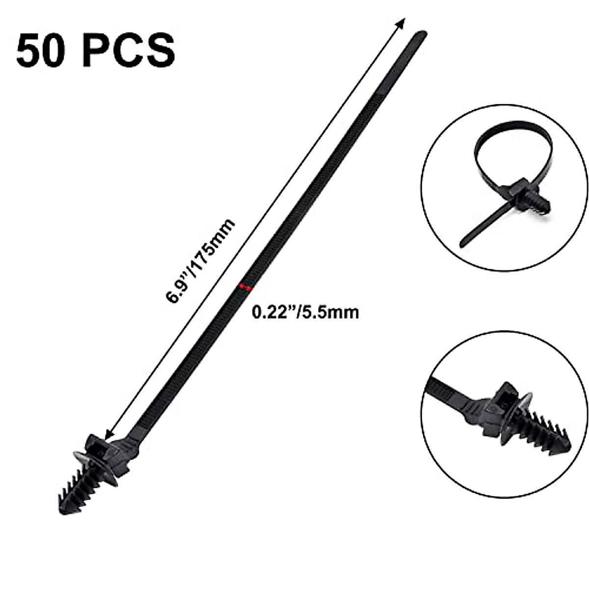 SWZHAI 50 PCS Push Mount Zip Ties, 6.89 Inch Nylon Car Mount Wire Ties Snap in Cable Zip Ties, Black Automotive Zip Ties Fastener Wire Harness Clips for Wire Tying (6.89" L x 0.22"W)