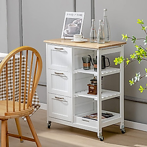 MEDIMALL Rolling Kitchen Island Cart with Storage, Utility Cart on Steel Lockable Casters, Mobile Serving Cart with Drawers, Shelves & Removable Tray, Island Table for Dining Room & Living Room, White