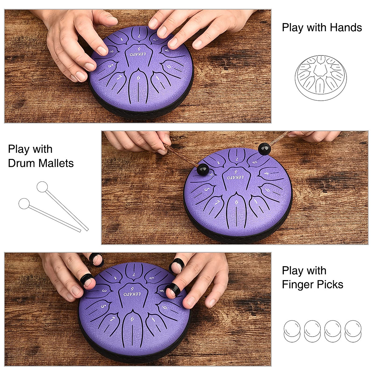 LEKATO Steel Tongue Drum 6 Inch 11 Note, Rain Drum for Outside D Major Handpan Drum for Meditation Yoga Musical Education, New Year Gift for Kids/Families